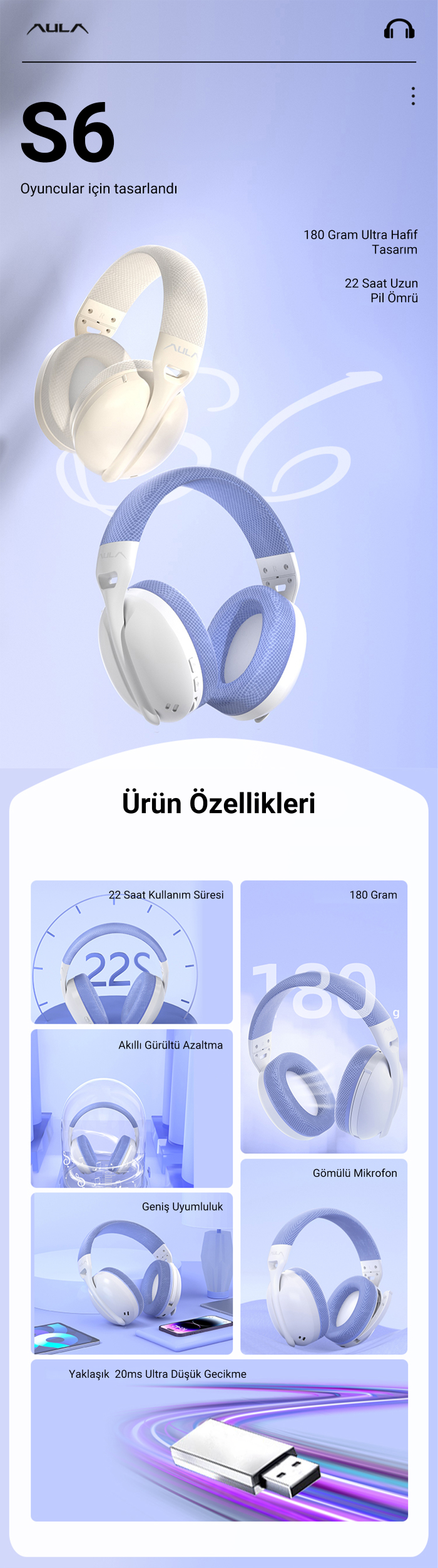 Aula S6 Ultra Hafif Kablosuz Bluetooth Type-C Mikrofonlu Gaming Oyuncu ...